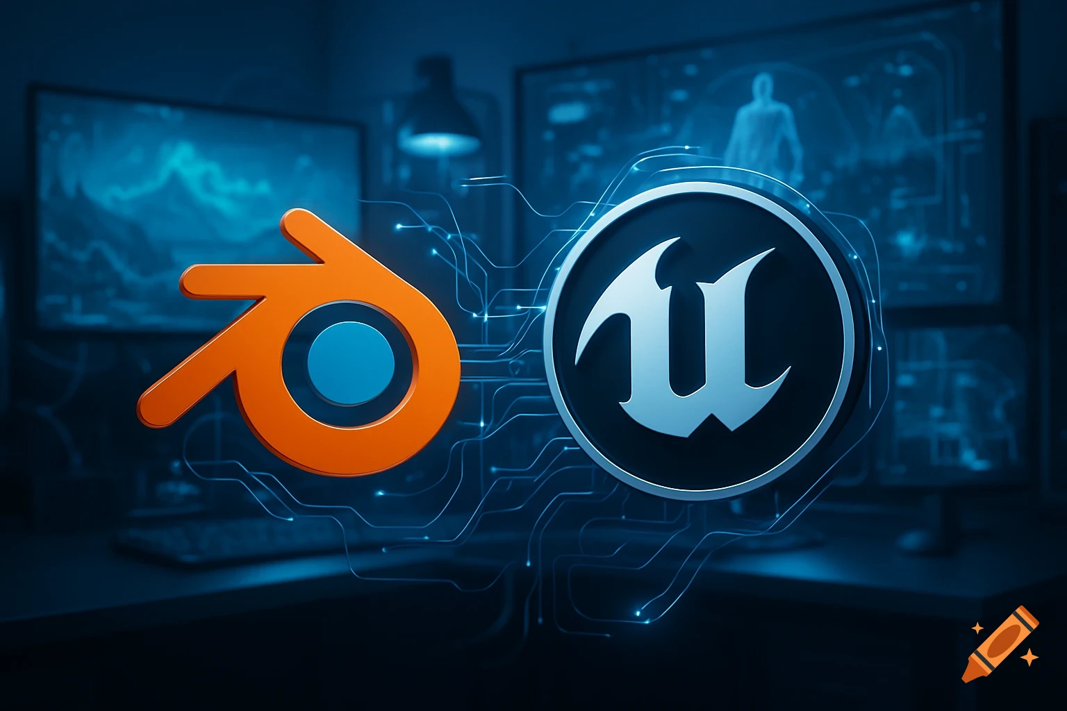 Blender and Unreal Engine logos connected by circuitry on a dark blue background with blurred ...