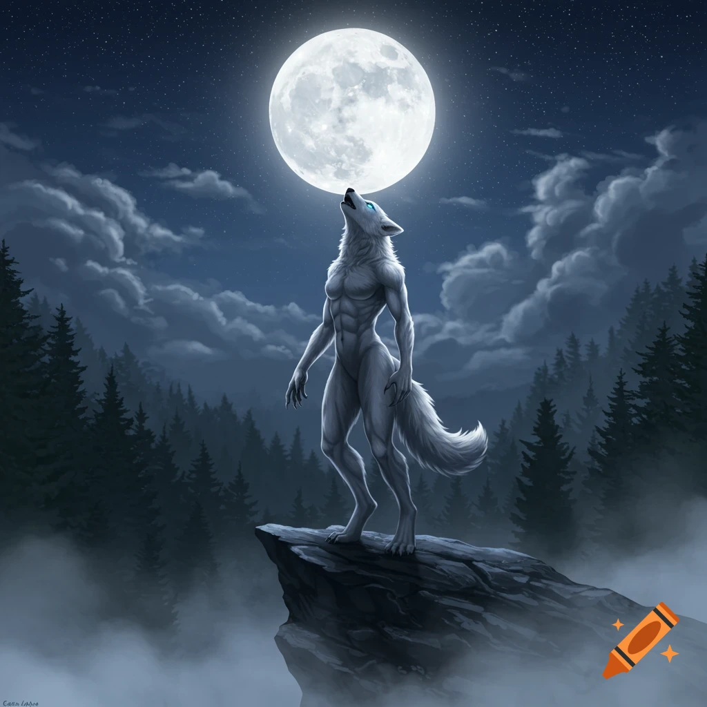A metallic robotic wolf with glowing blue eyes howls at a full moon ...