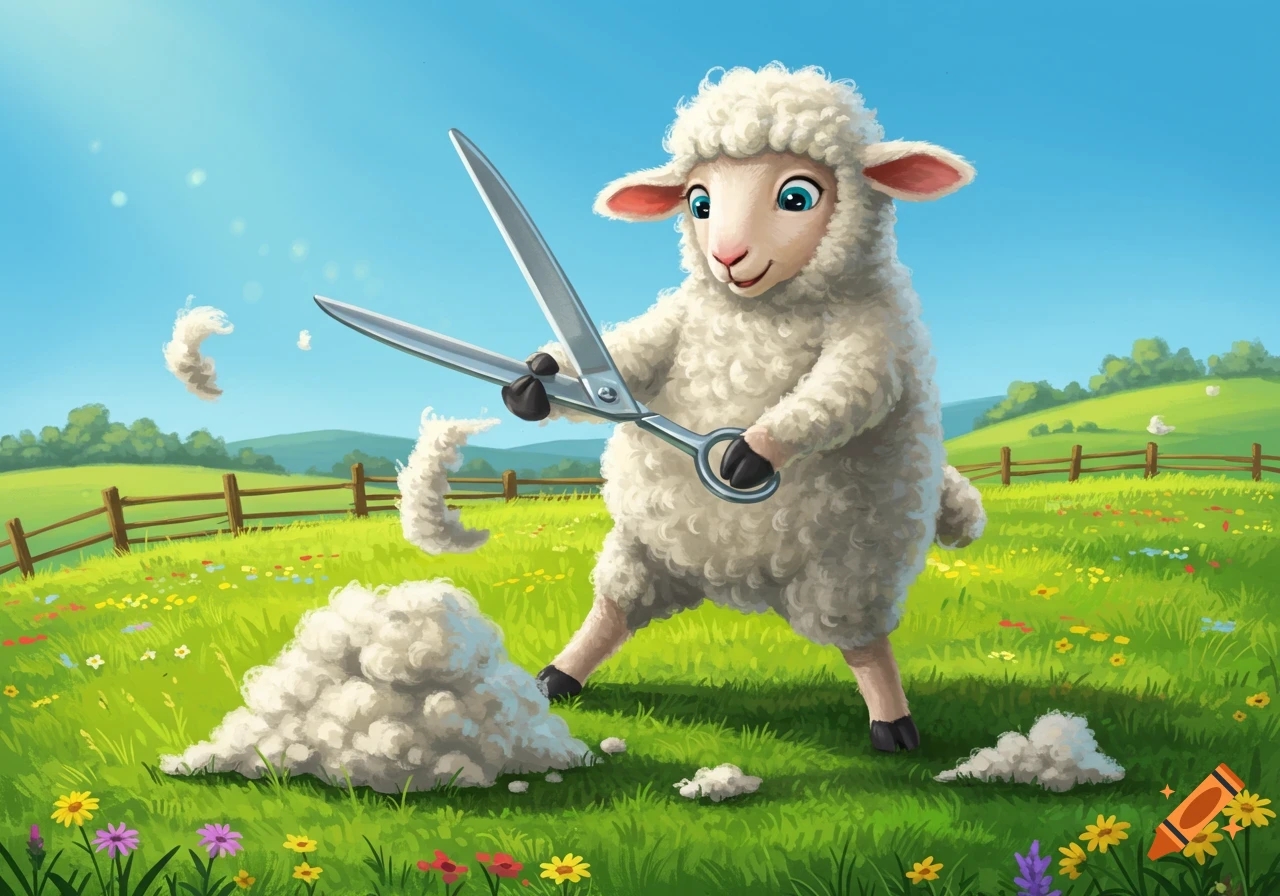 A cartoon sheep stands next to a cartoon wolf with a bell collar in a ...