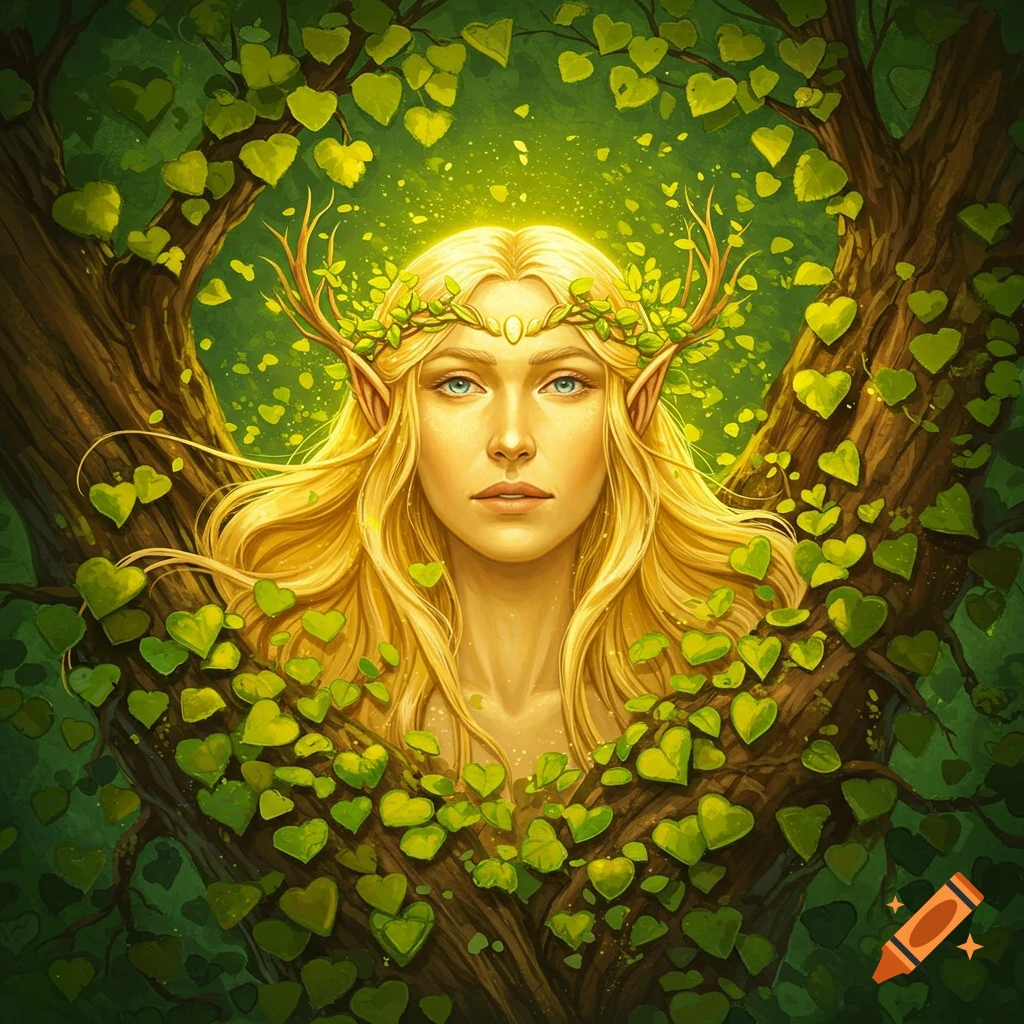 A portrait of a golden-haired elf with pointed ears, framed by tree ...