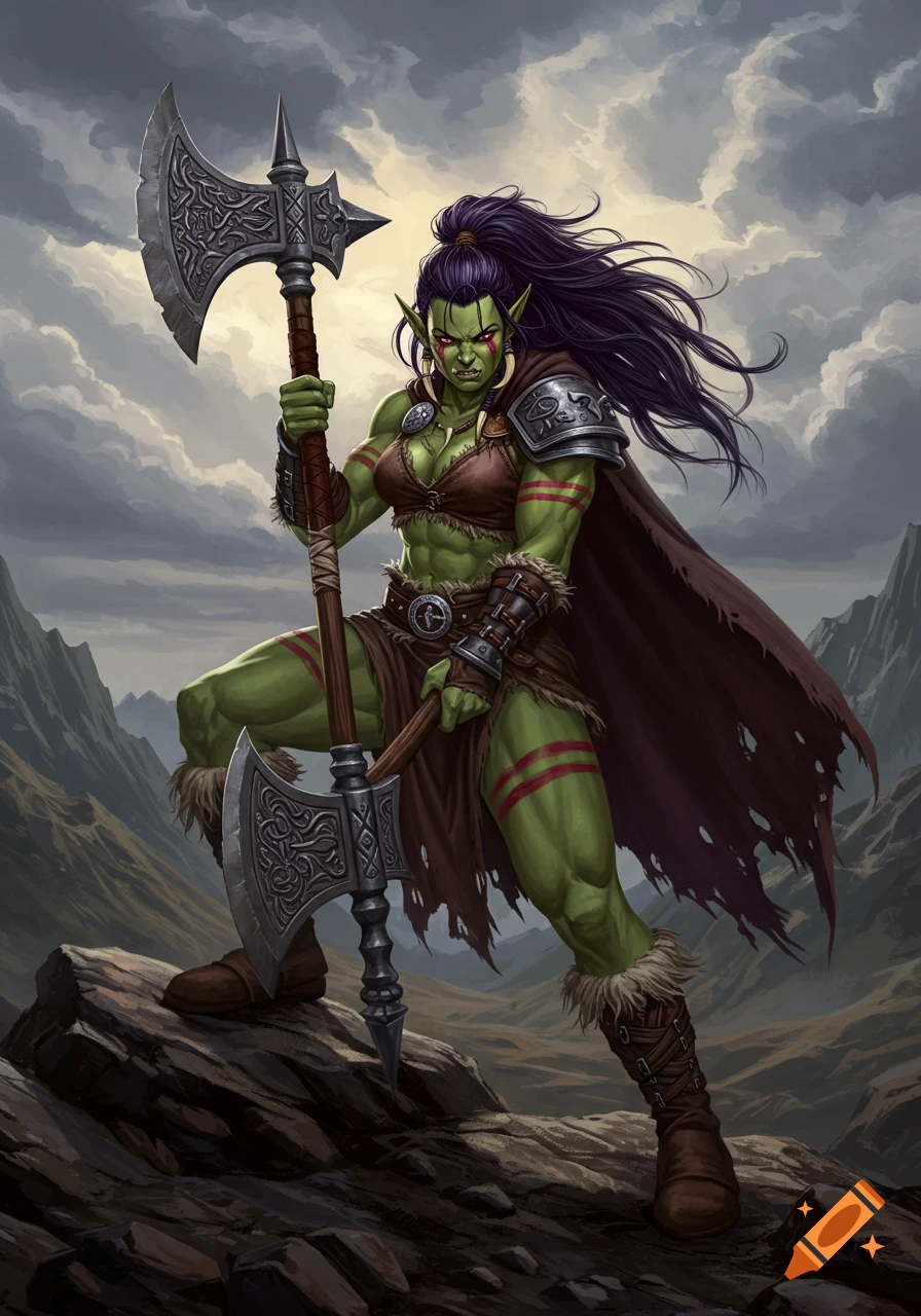 A fierce female warrior with heterochromatic eyes and battle scars ...