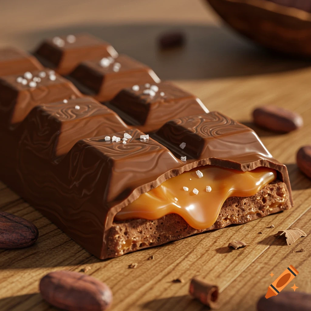 Close-up of a caramel-filled chocolate bar with sea salt on a wooden ...