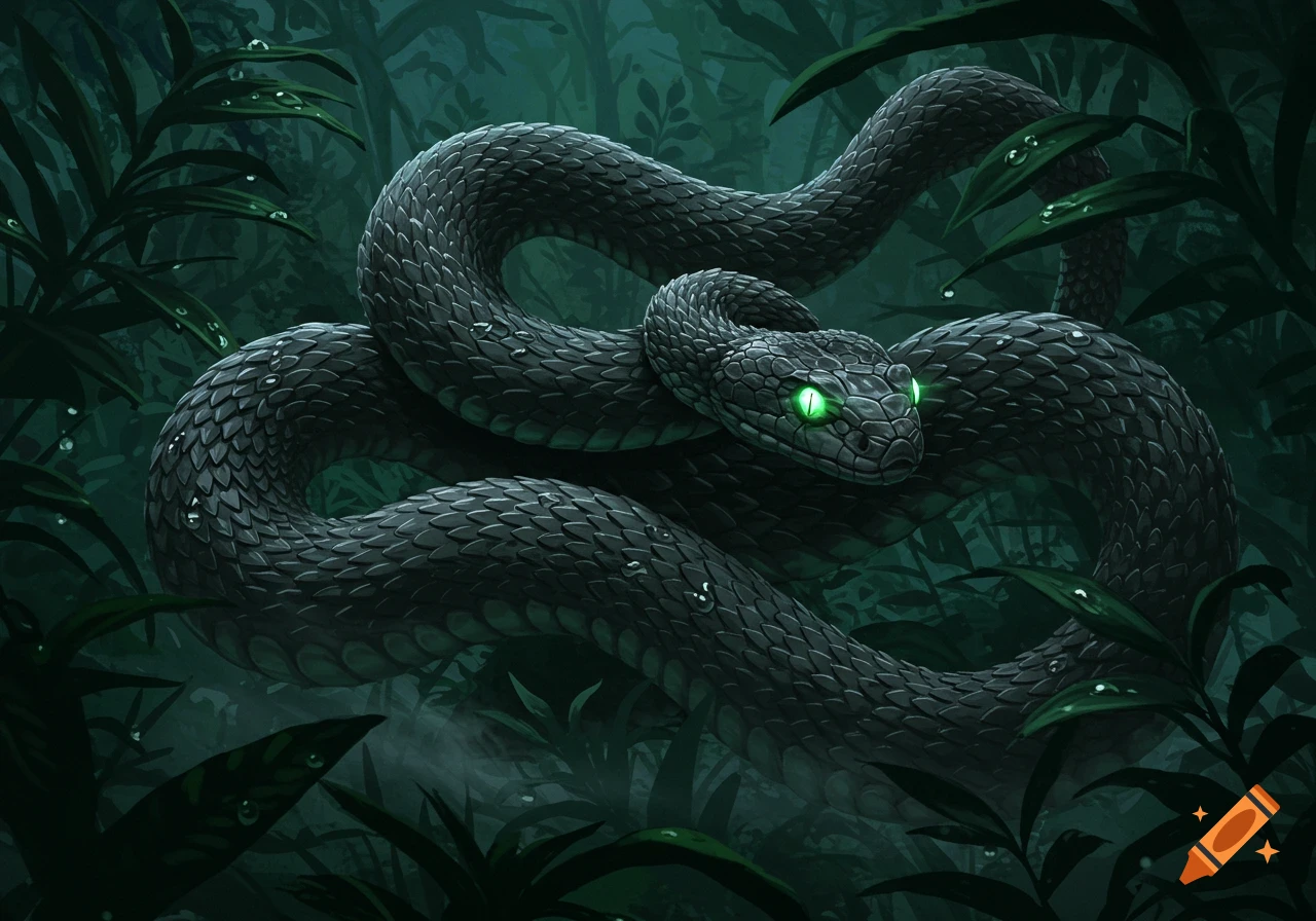 A dark green coiled snake with glowing green eyes in a lush jungle with ...
