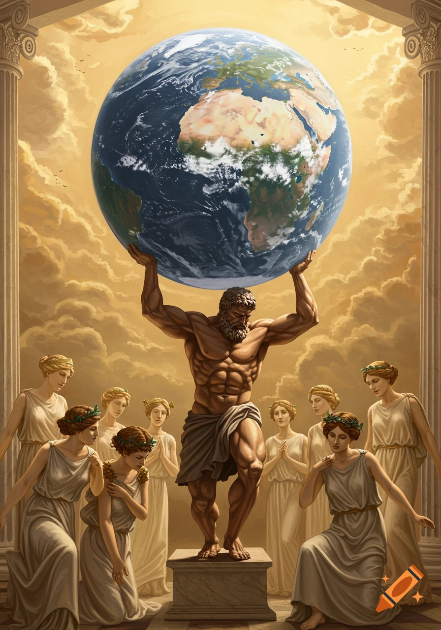 Atlas, a muscular man, holds a large Earth globe above his head ...