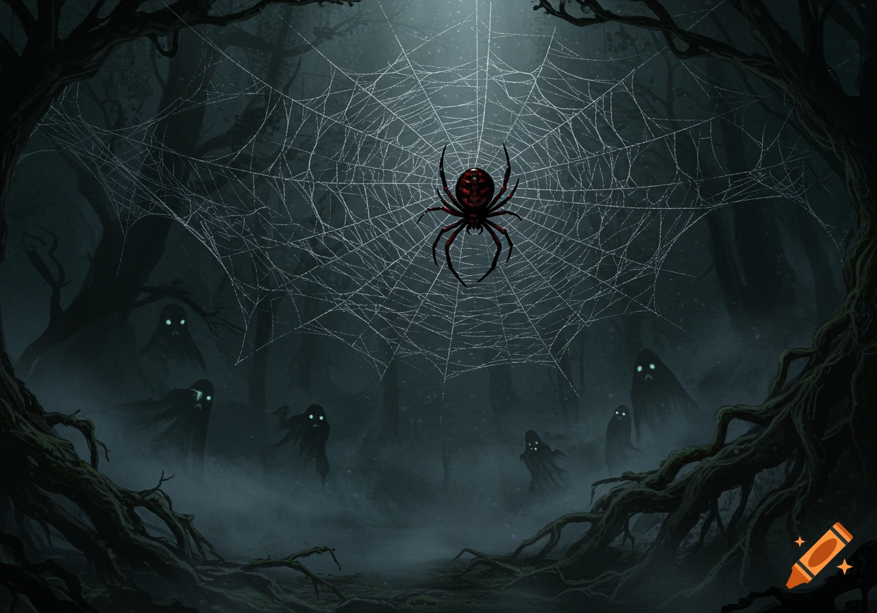 A dark, misty forest scene with a large spider web holding a red spider ...