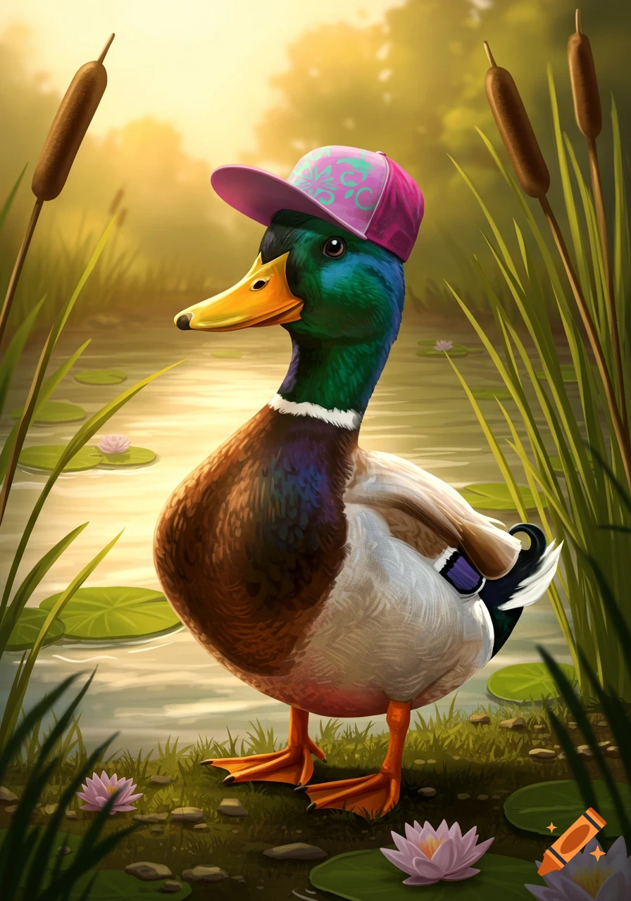 A whimsical illustration of a white goose wearing a colorful striped ...