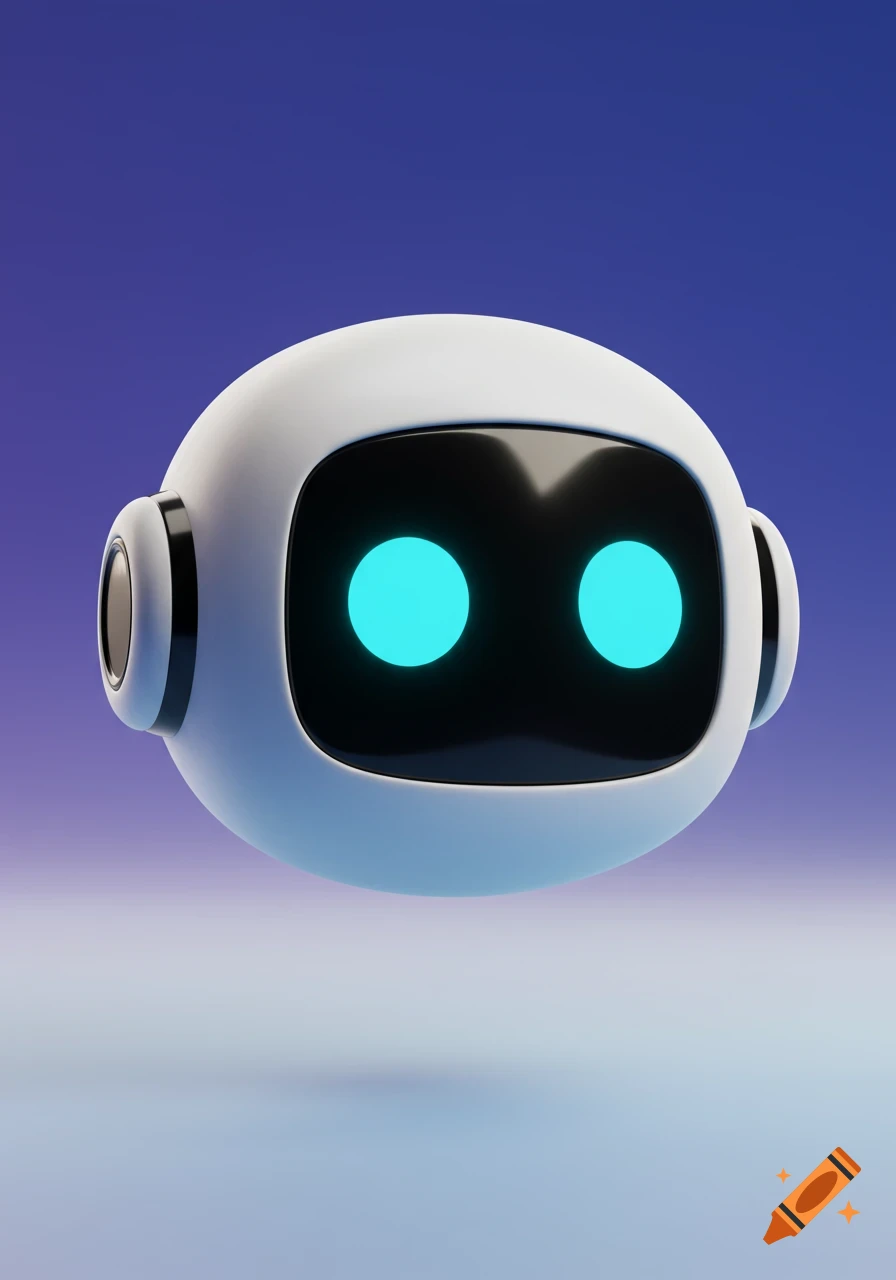 A minimalist 3D robot head with a smooth white shell, glossy black face ...