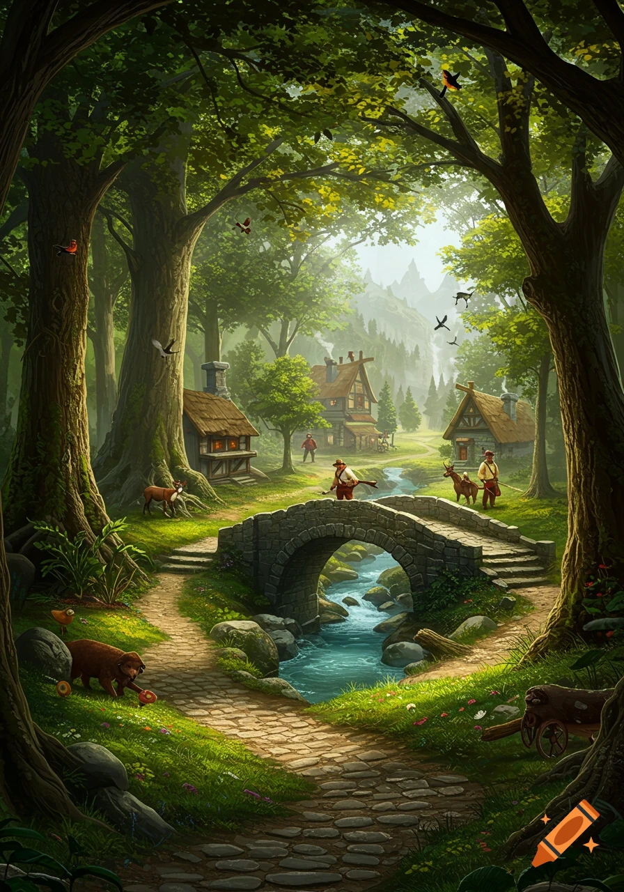 A vibrant fantasy forest with a stone bridge over a stream, a path ...