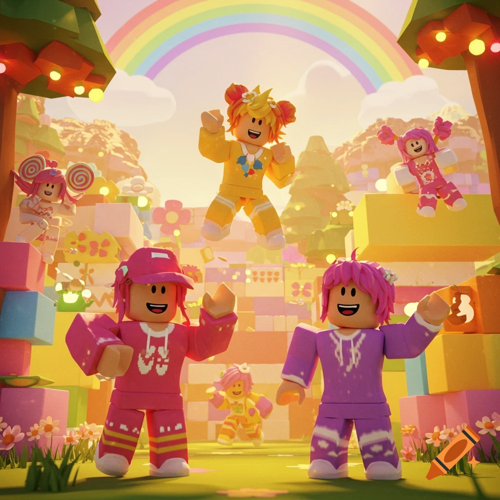 Colorful Roblox-style characters in a blocky, fantastical landscape ...