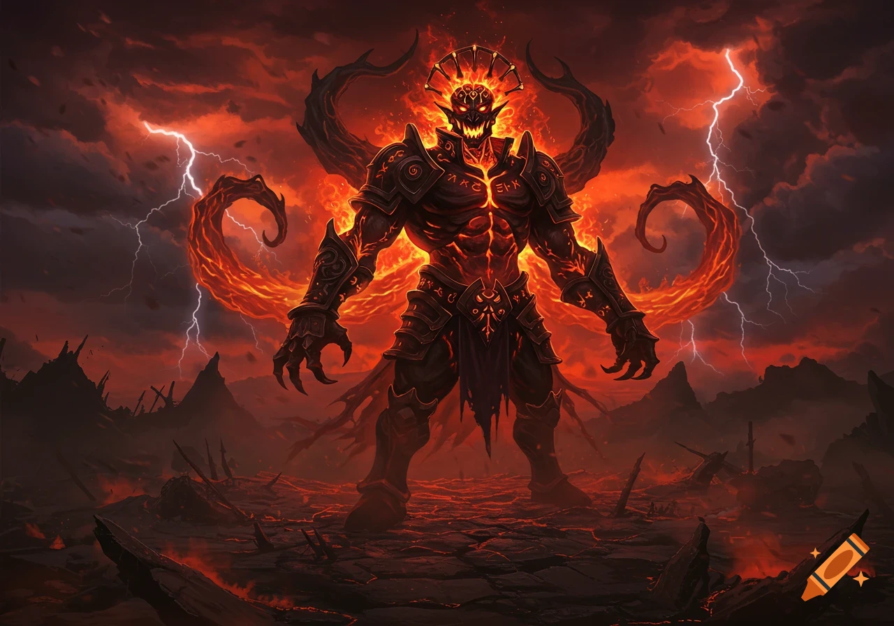 Evil SpongeBob in golden armor with horns and red eyes, holding fire ...