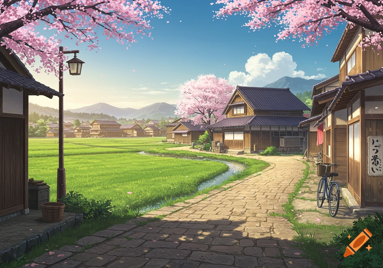 An anime-style illustration of a blue commuter train traveling through ...