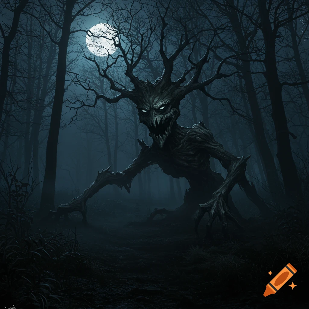 A scary, gnarled tree-like creature with glowing eyes and sharp teeth ...
