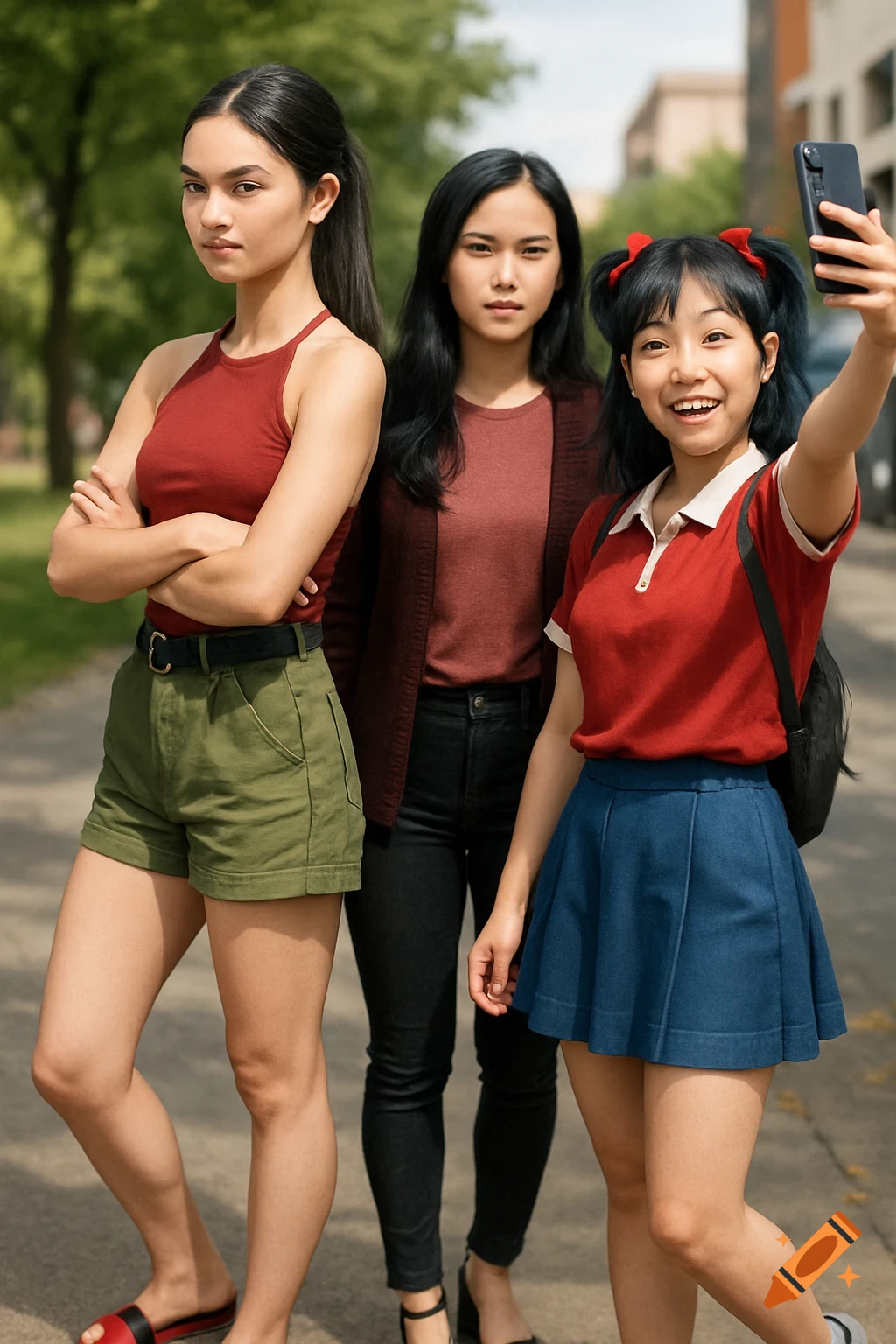 Three young Asian-Canadian women outdoors, one posing, one serious, and ...