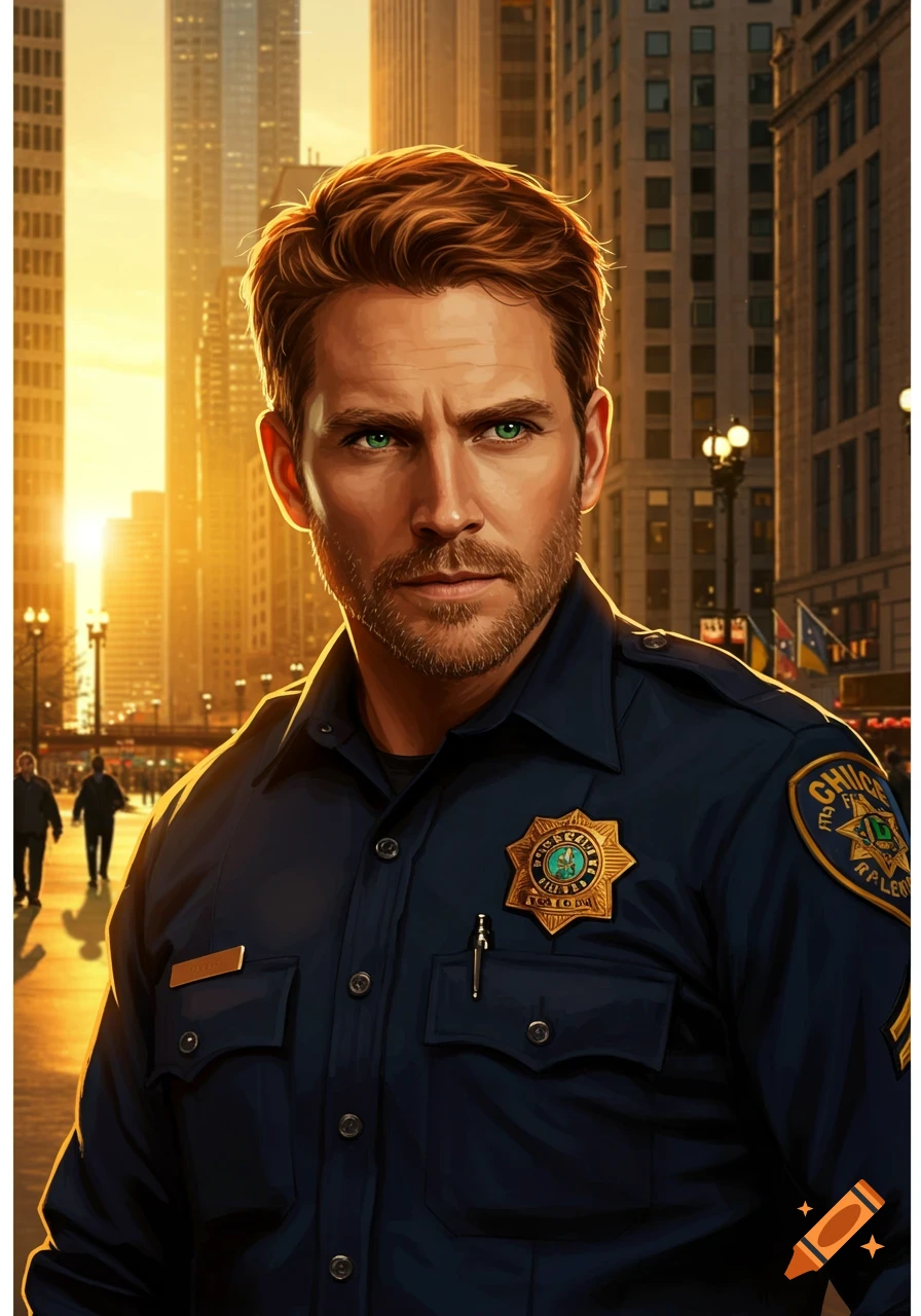 A serious man with red hair and green eyes in a dark blue police ...