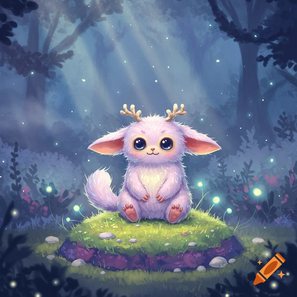 A cute, white, fluffy creature with large peachy eyes and decorative ...