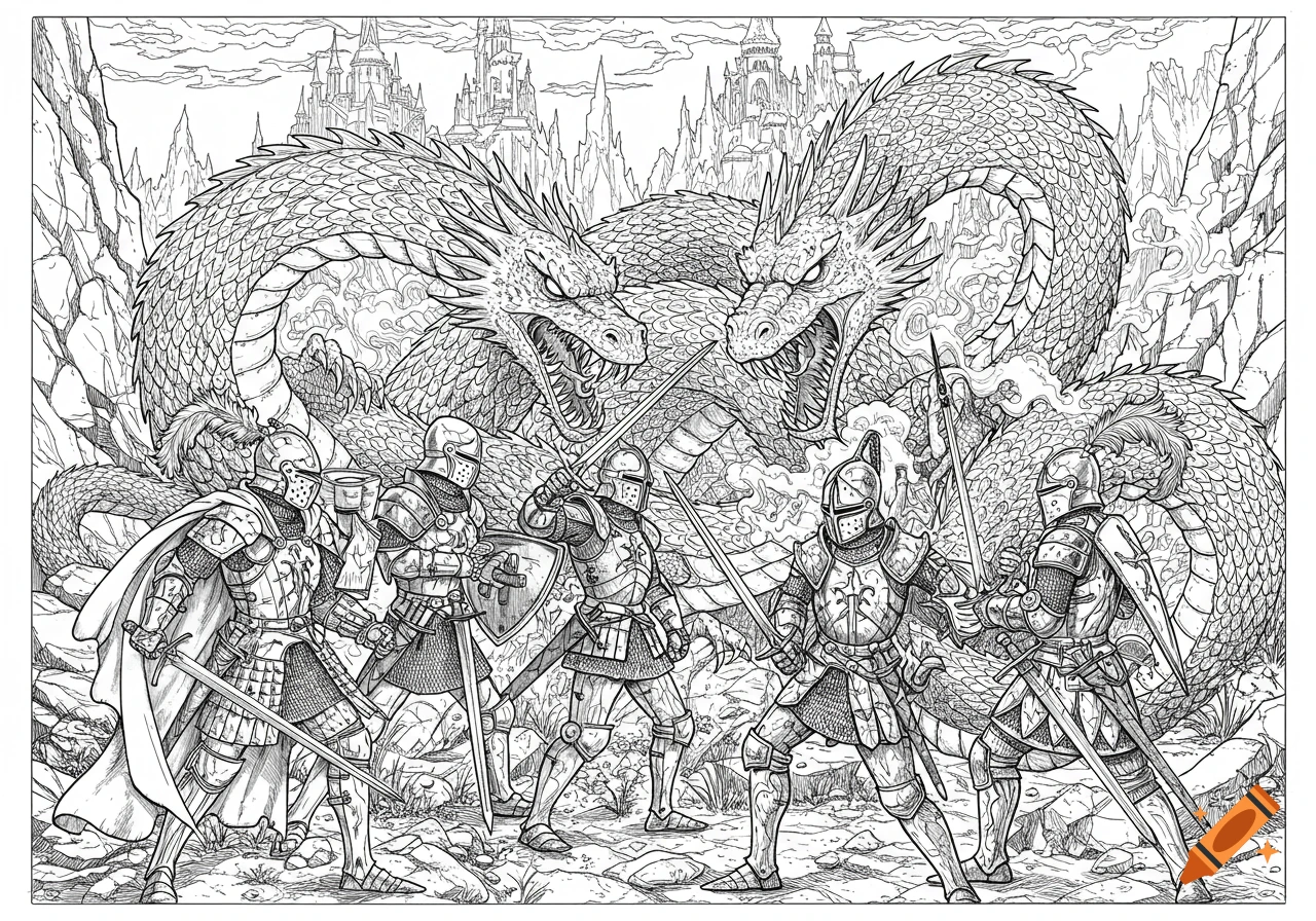 Black and white line art of six knights in armor fighting two large ...