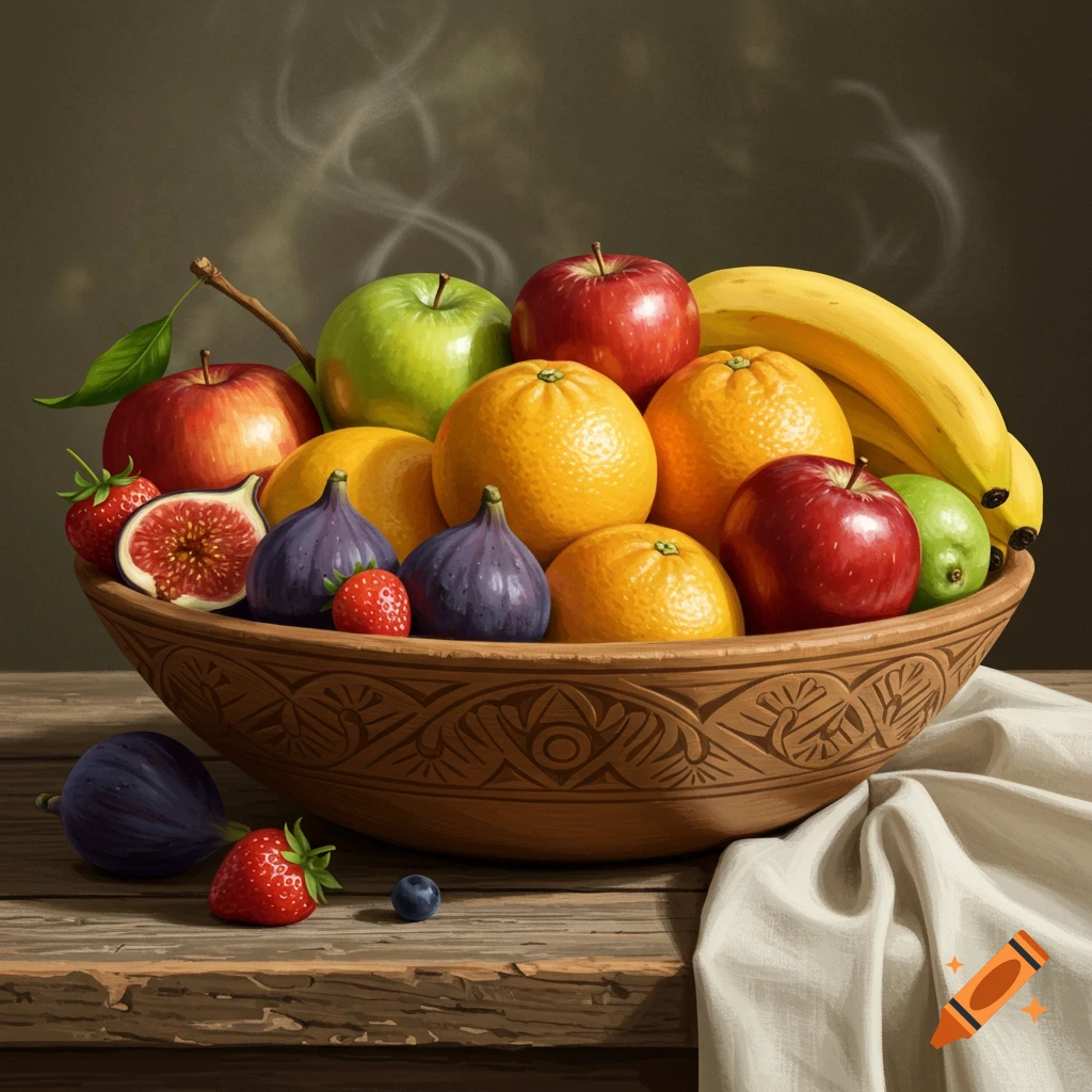 A realistic classical still life painting of a cornucopia spilling ...