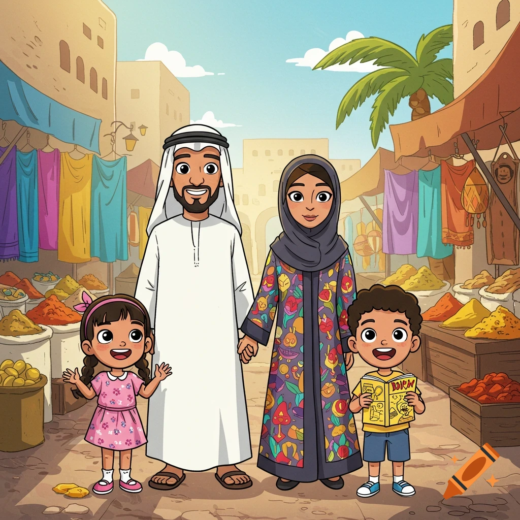 A cartoon Arab family, consisting of a father, mother, young girl, and ...