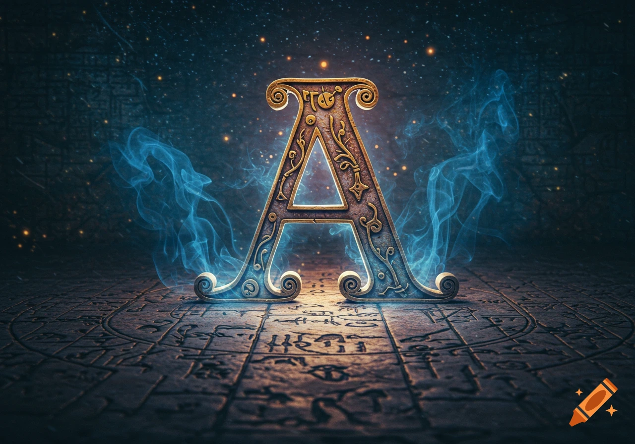 An ornate, glowing letter 'A' with intricate designs stands on a stone ...