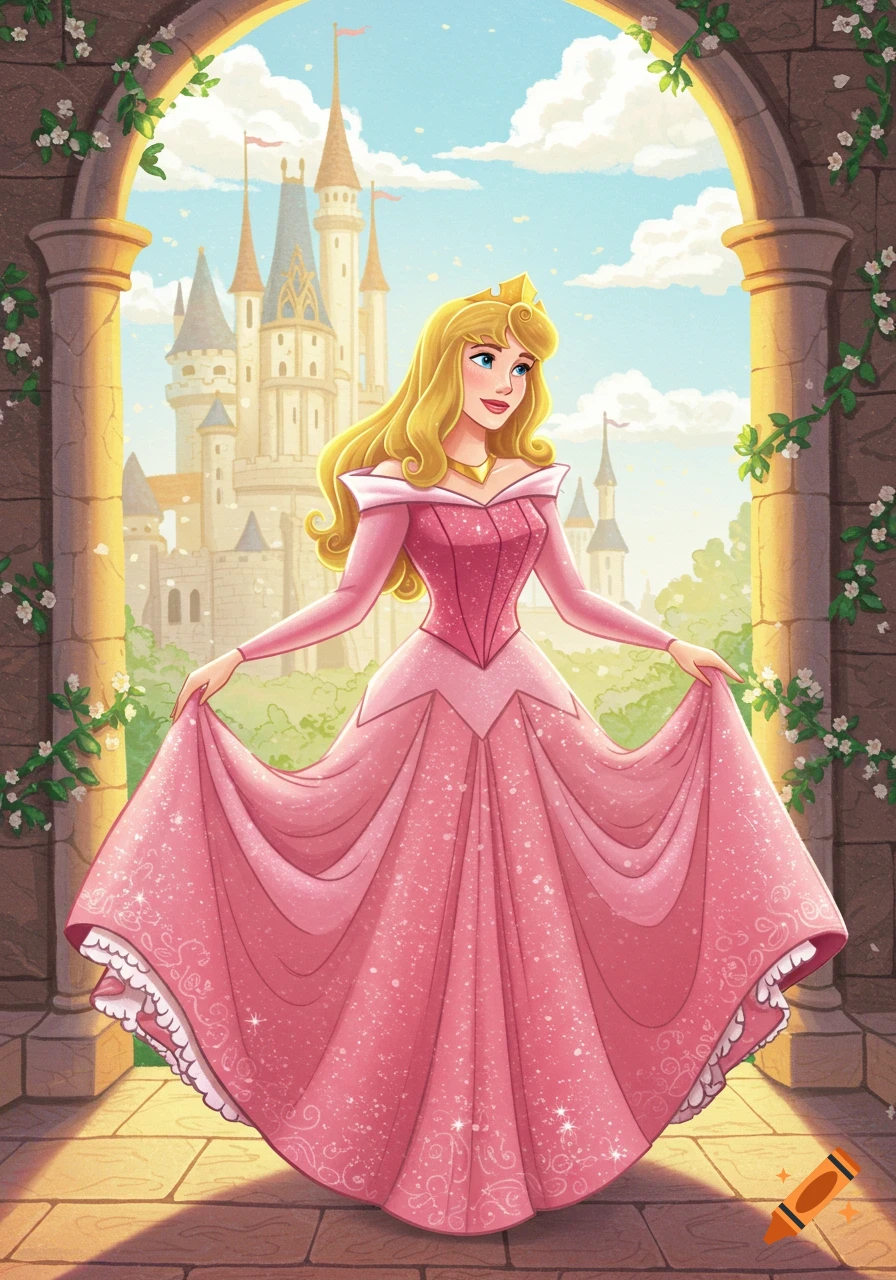 A cartoon princess with long red hair, sparkling eyes, a light blue ...