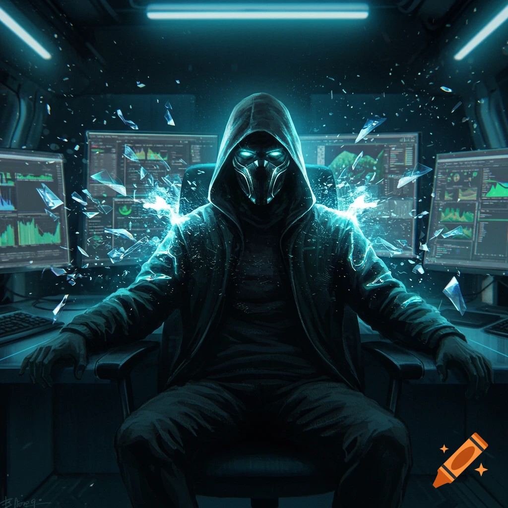 Hooded hacker with glowing mask and eyes sits at a futuristic desk ...