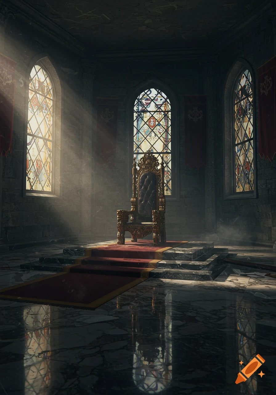 A grand, empty throne room with an ornate golden throne, stained glass ...