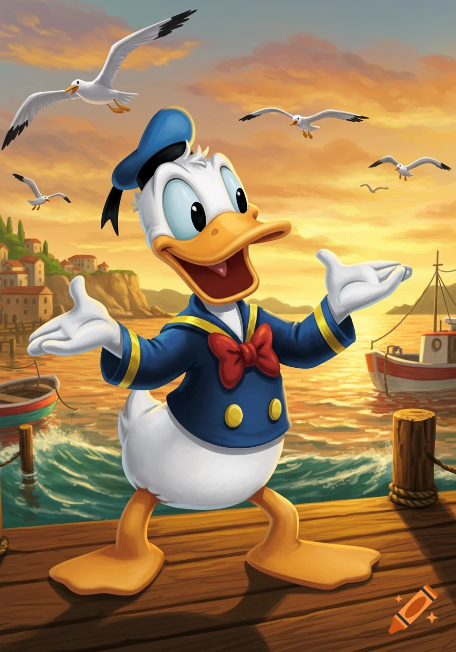 Donald Duck in his classic sailor suit and hat, standing with hands on ...