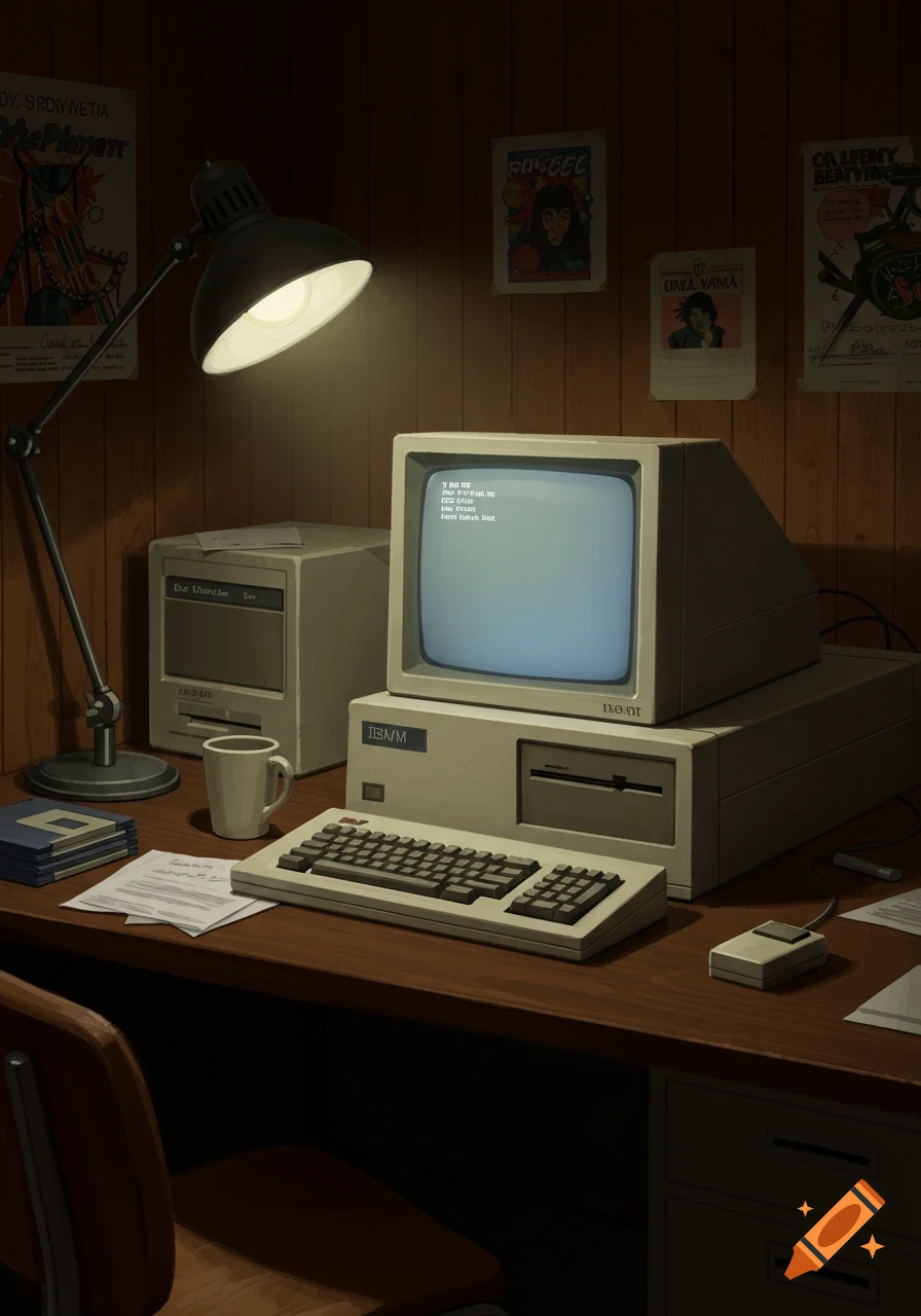 A vintage IBM PC computer setup on a wooden desk with a lamp, keyboard ...