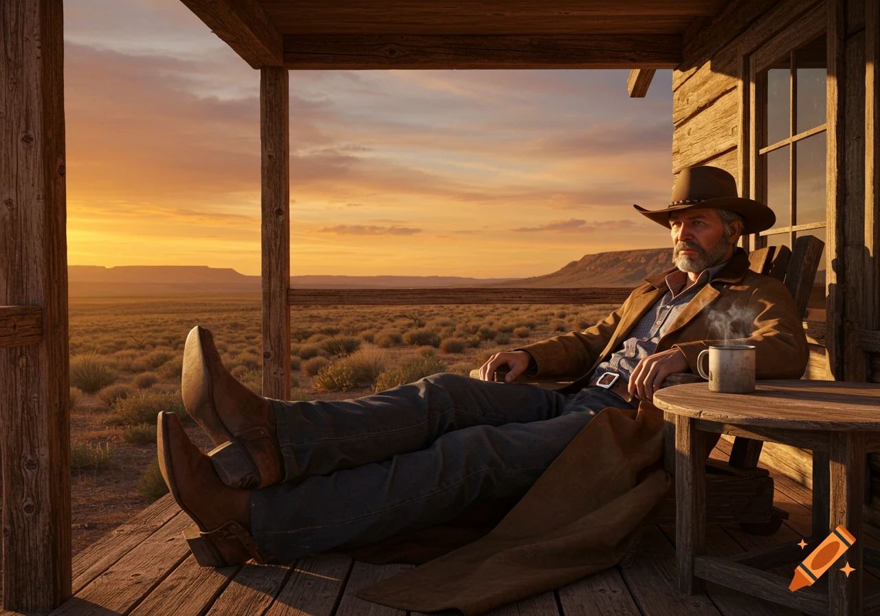 Photorealistic image of a cowboy relaxing on a rustic wooden porch ...