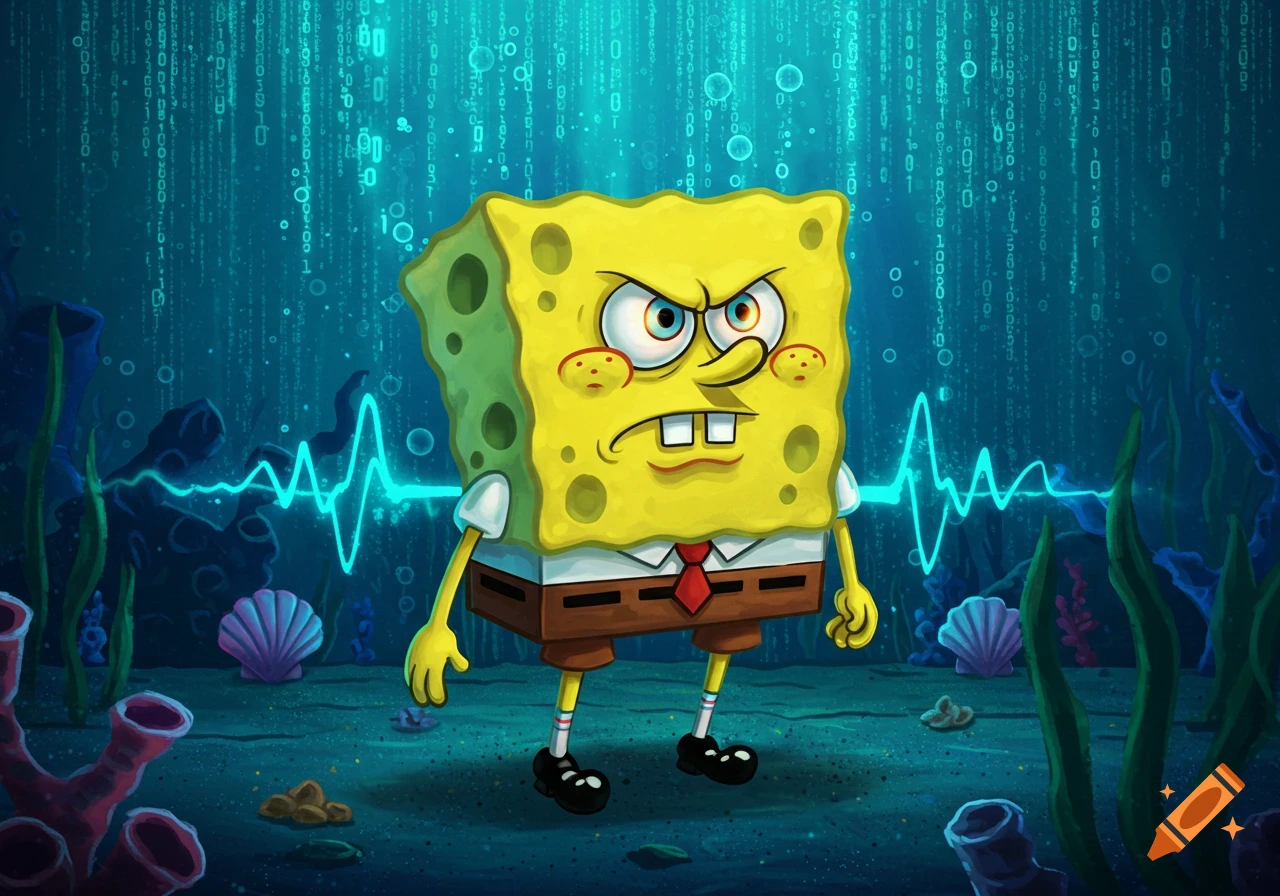 Angry Spongebob Squarepants stands underwater with a glowing blue ...