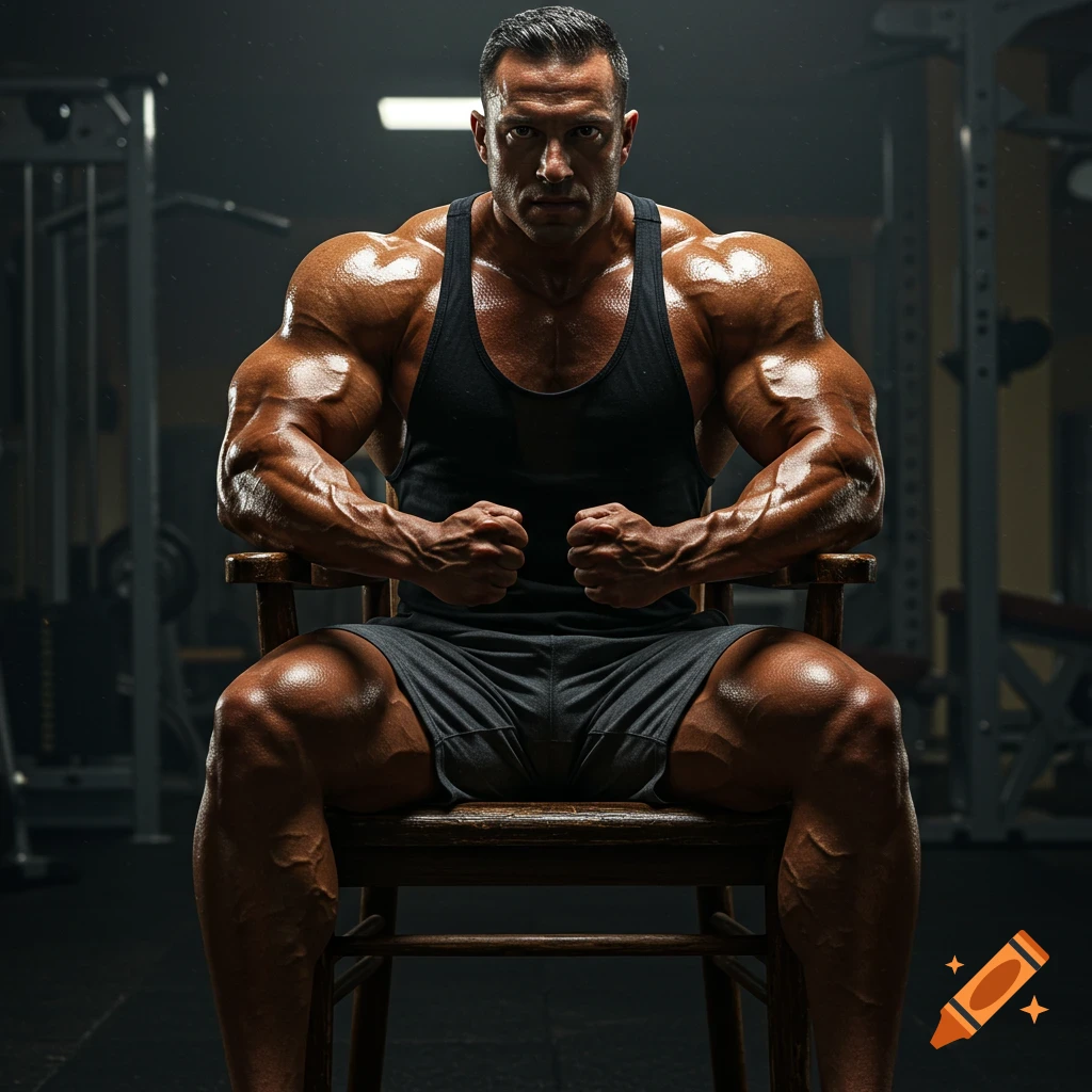 A muscular male bodybuilder poses in a dimly lit gym, showcasing his ...