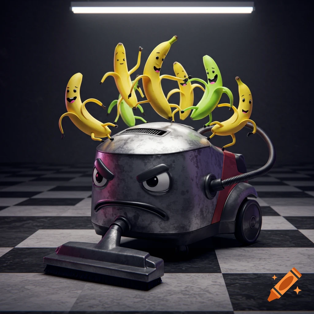 An angry anthropomorphic vacuum cleaner with happy dancing ...