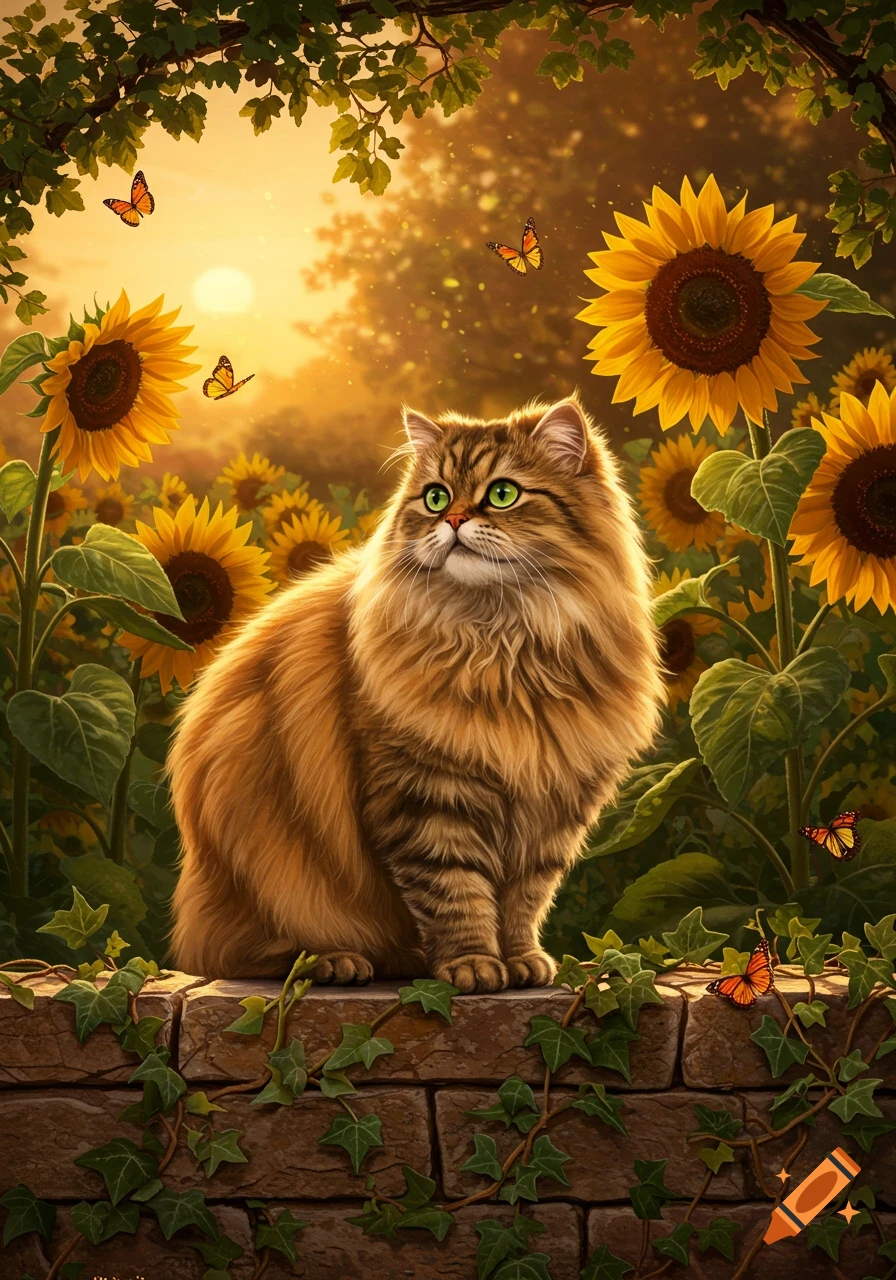 A fluffy brown tabby cat with green eyes sits on a brick wall among ...