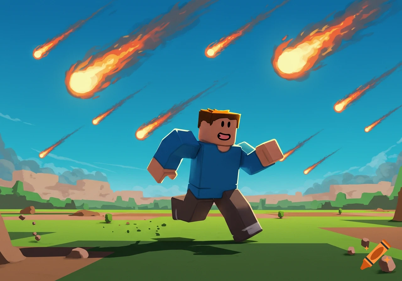 A stylized Roblox noob avatar runs across a green field from numerous ...