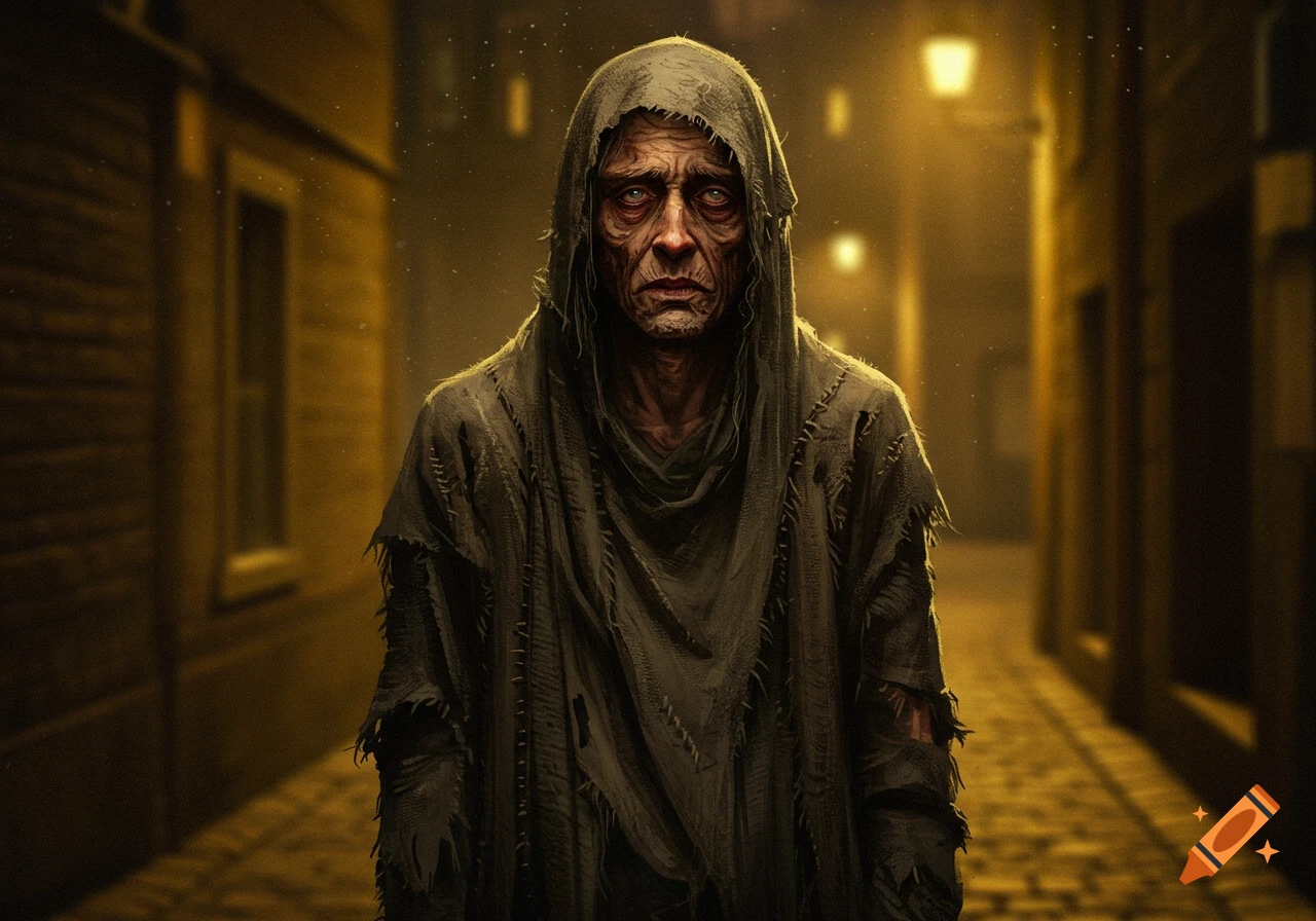 A close-up, photorealistic portrait of an old, gaunt person with a hood ...