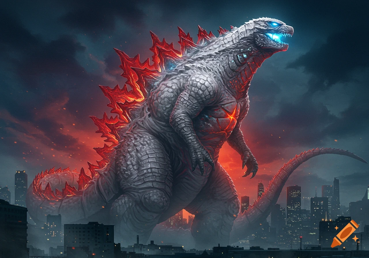 A large white Godzilla with glowing red dorsal plates and blue eyes ...