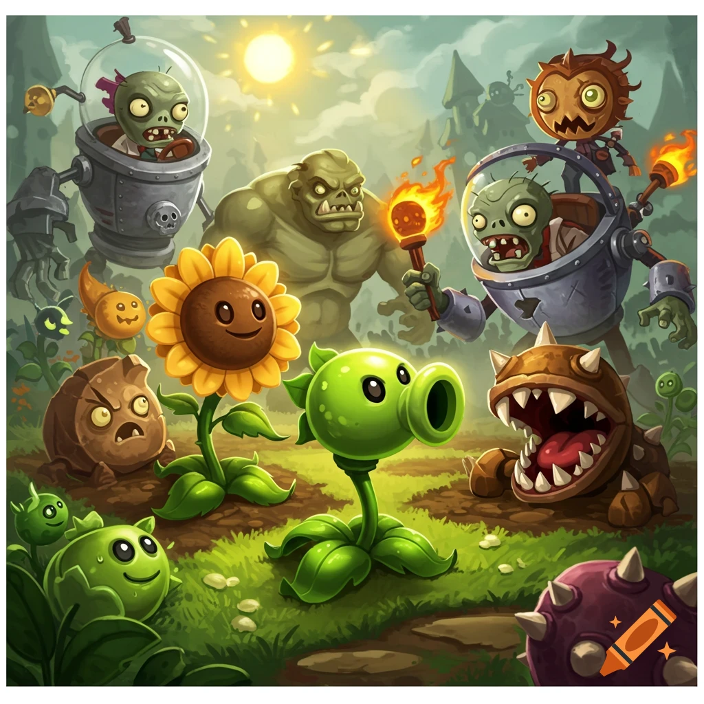 Vibrant cartoon art from Plants vs. Zombies, showing plants like a ...