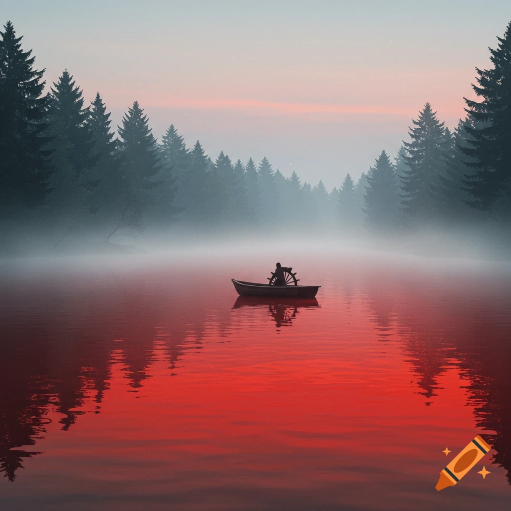 A rustic wooden boat floats peacefully on a misty lake at sunrise ...