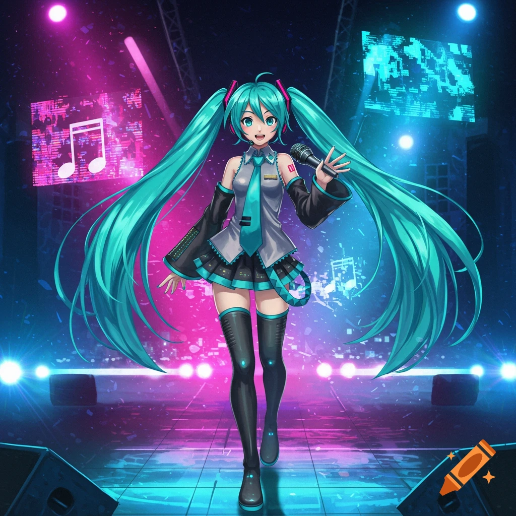 A blue-haired anime girl resembling Hatsune Miku sings on a neon-lit ...