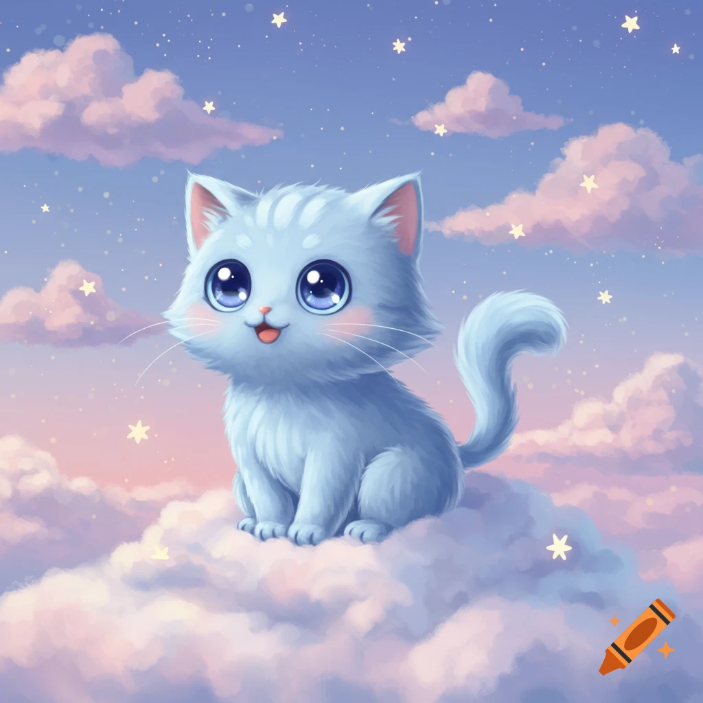 A cute, fluffy, pastel creature with big blue eyes sits on a glowing ...