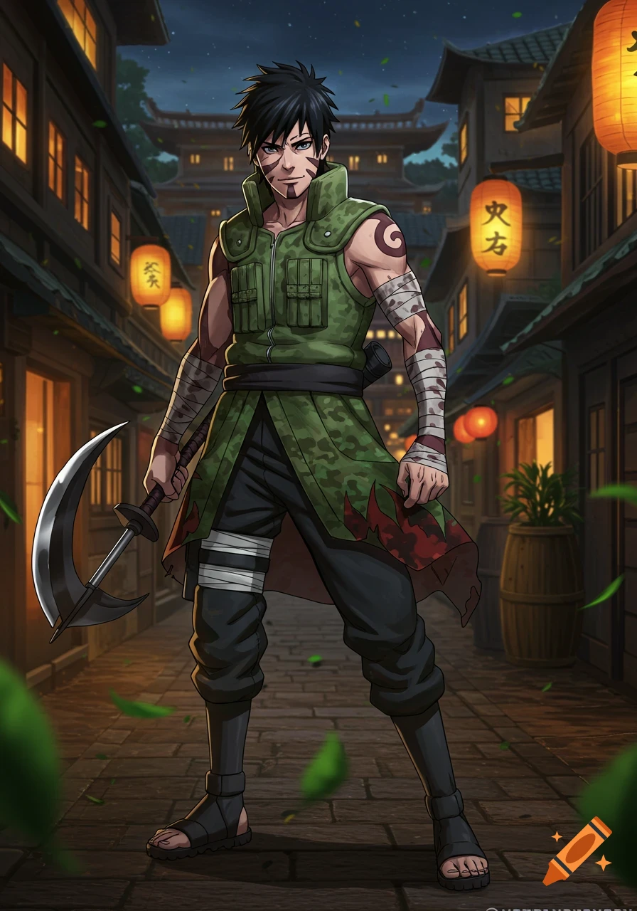 An anime male shinobi with face markings, dressed in green, holding a ...