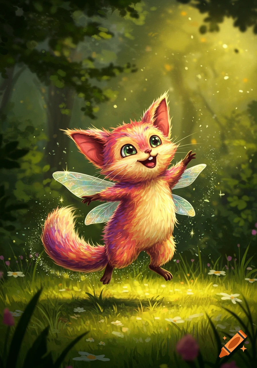 A whimsical, fluffy pink cat-like creature with translucent wings and ...