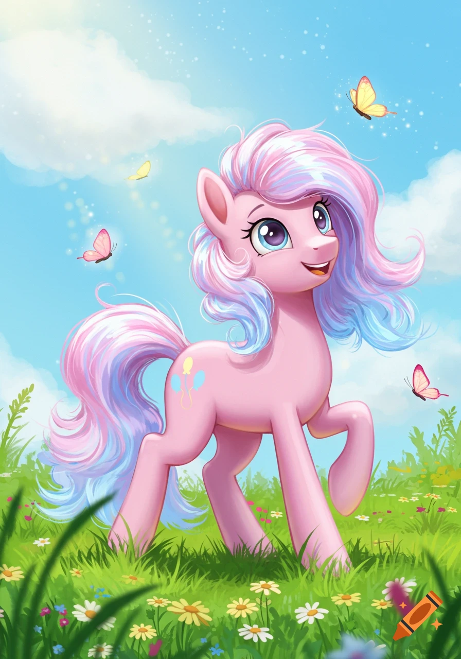 A pink cartoon pony with pastel pink and blue mane and tail, smiling in ...