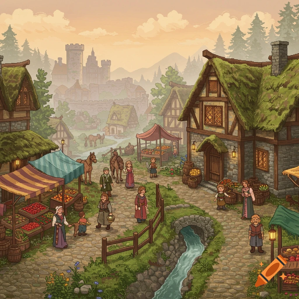 Pixel art of a bustling medieval village market with villagers, market ...