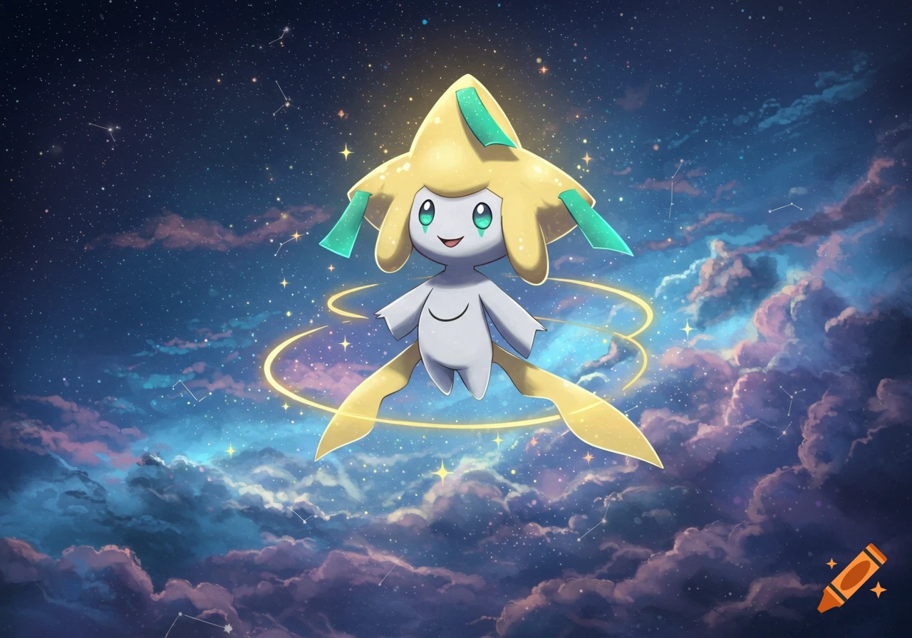 Jirachi, a yellow and white star-shaped Pokemon, floats in a starry ...