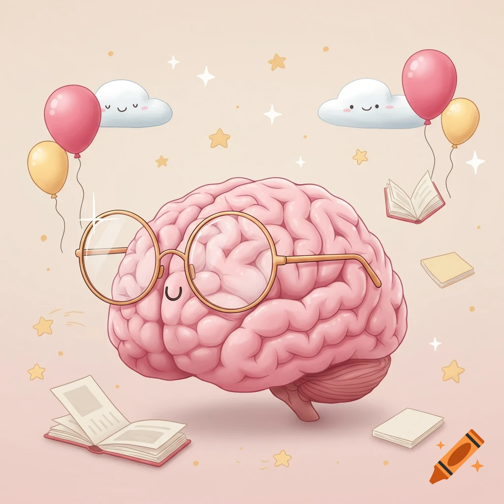 A cute, whimsical pink brain wearing glasses, surrounded by smiling ...