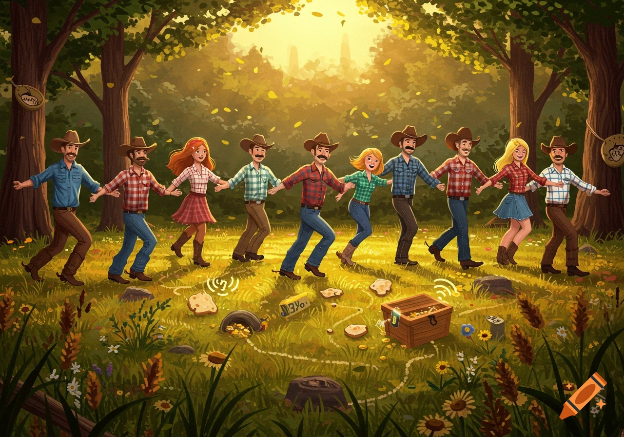 A cartoon illustration shows a line of men and women dressed in cowboy ...