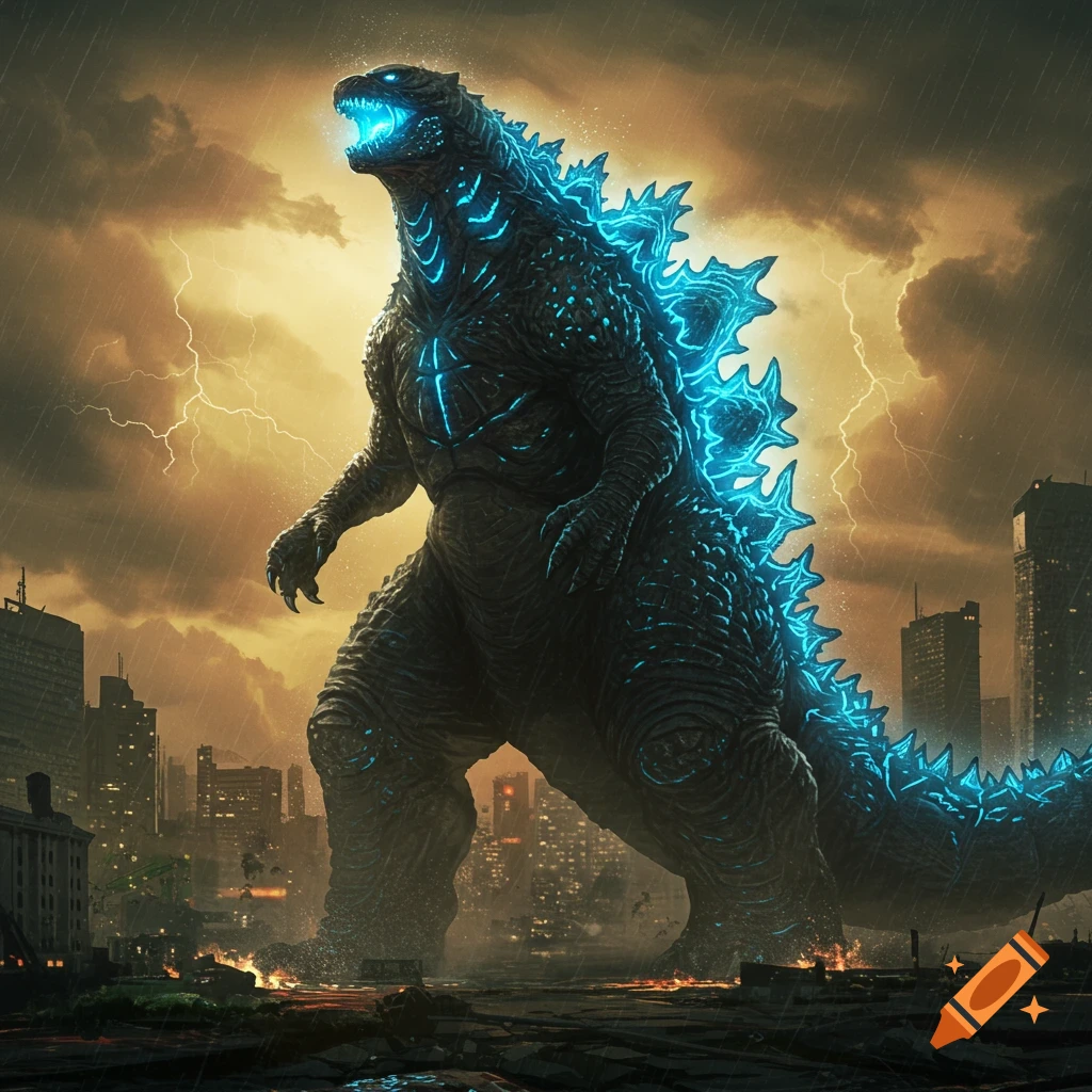 A gigantic Godzilla with glowing blue dorsal plates roars in a ...
