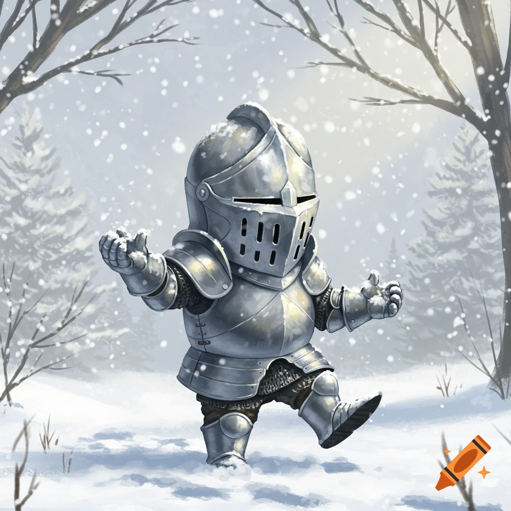 A small, armored knight waddling through falling snow in a winter ...