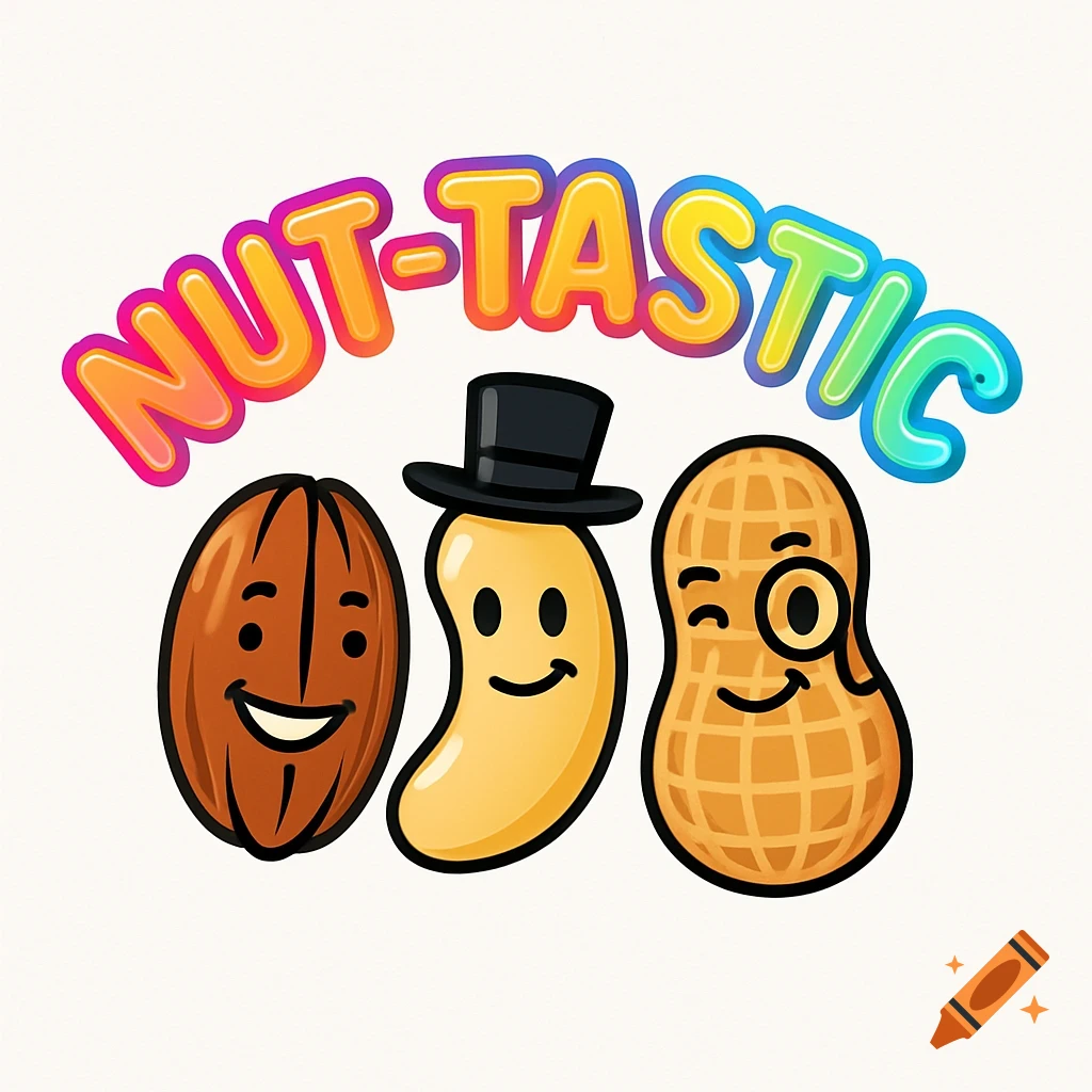 Cartoon logo with 'Nut-Tastic' text over smiling pecan, top-hatted ...